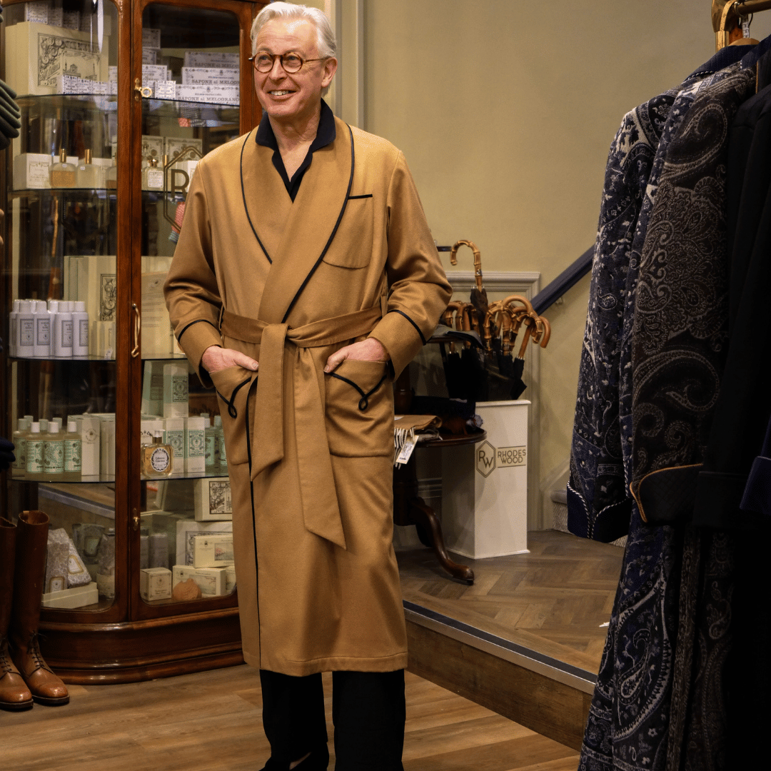100% Cashmere Dressing Gown with black silk piping – Rhodes Wood